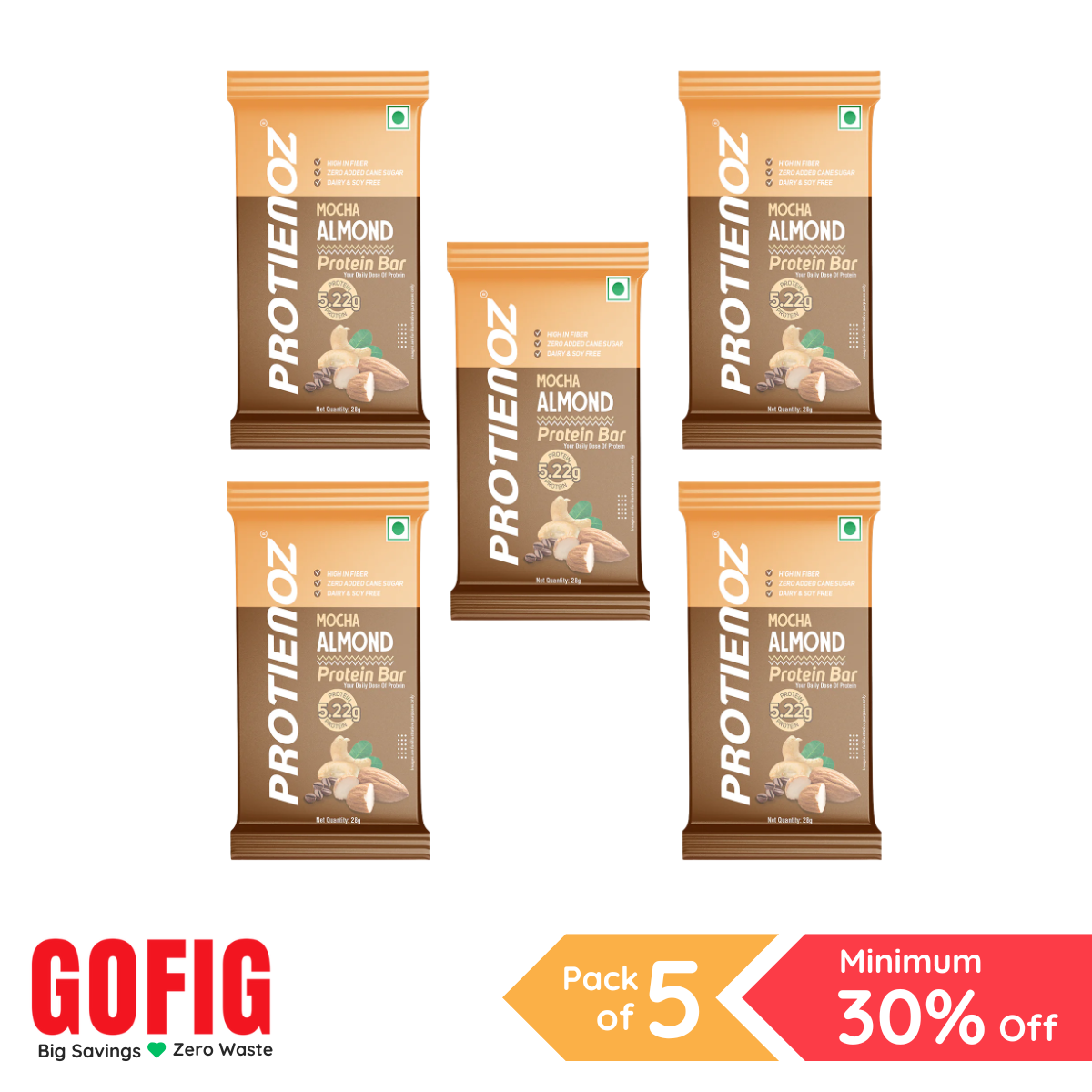 Proteinoz Mocha Almond Protein Bar (28 g) - Pack of 5 – Gofig